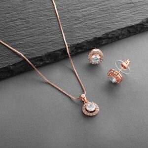 Mariell Bridal Wedding Necklace Set, Cubic Zirconia Pendant Necklace and Earrings Set, Rose Gold Jewelry