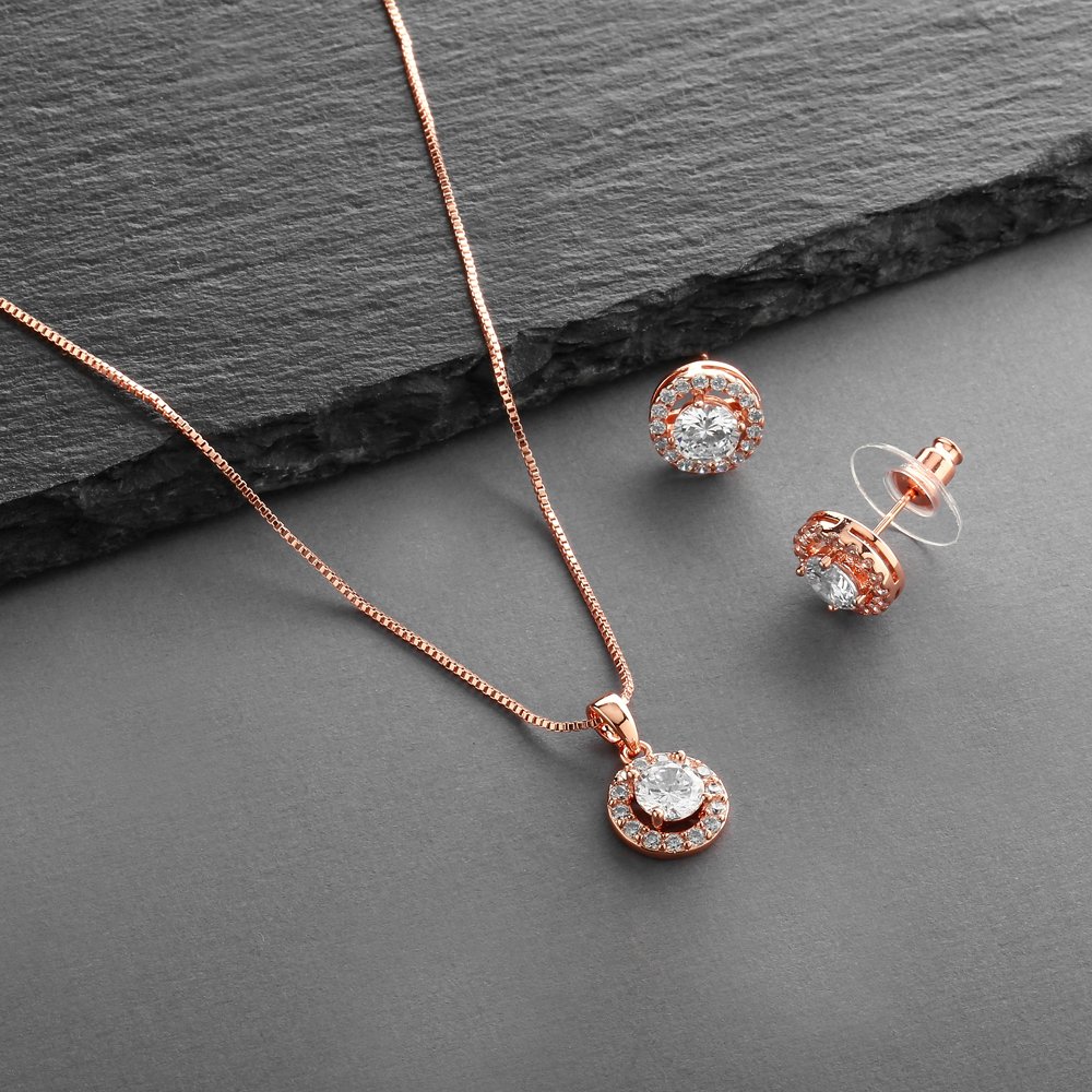 Mariell Bridal Wedding Necklace Set, Cubic Zirconia Pendant Necklace and Earrings Set, Rose Gold Jewelry