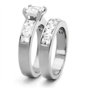 Marimor Jewelry His and Hers Stainless Steel 3.75 Carat Cubic Zirconia Bridal Set and Men's Eternity Wedding Band Women's Size 09 Men's 06mm Size 08