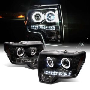 akkon - for ford f150 f-150 pickup black bezel dual halo led projector headlights front lamps