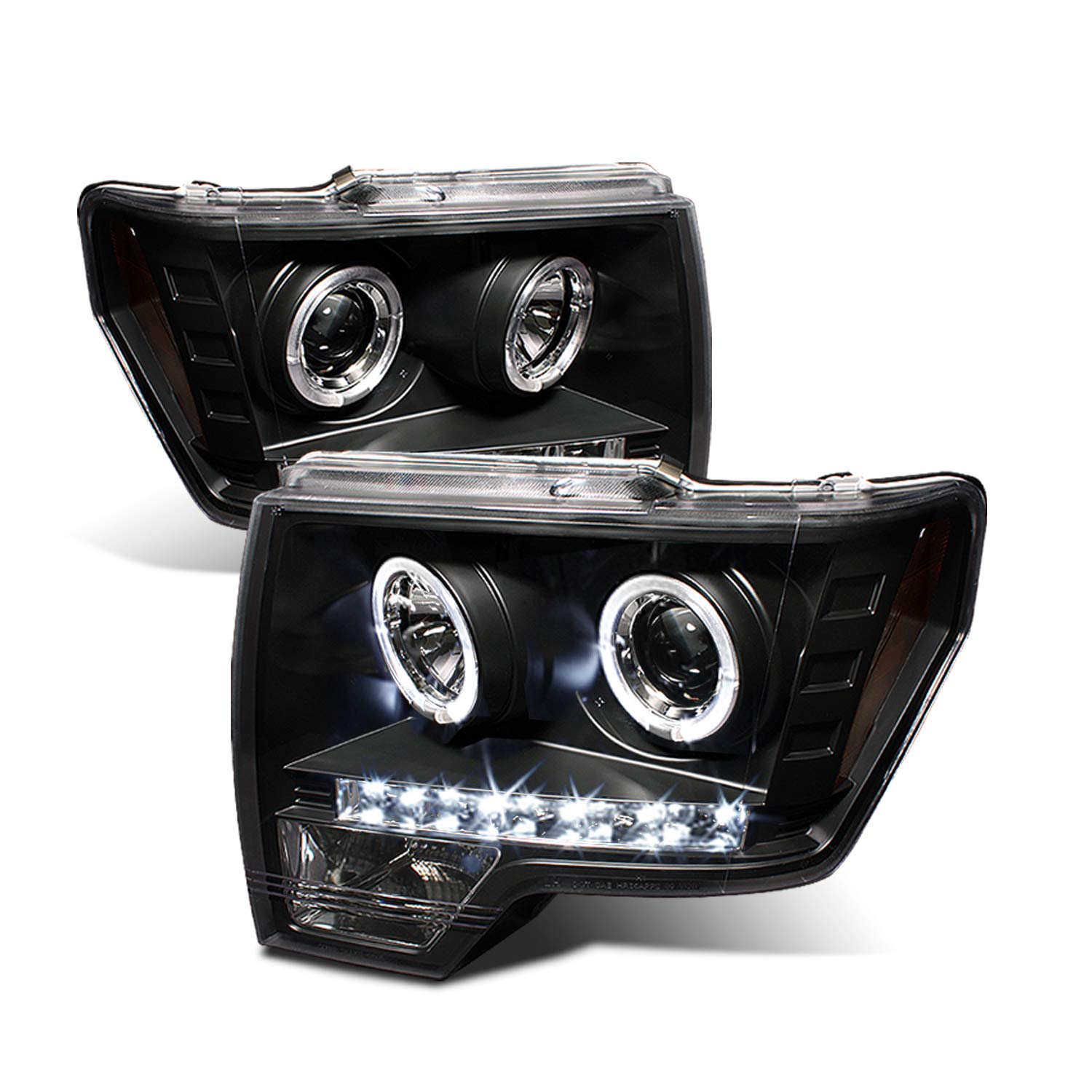 AKKON - For Ford F150 F-150 Pickup Black Bezel Dual Halo LED Projector Headlights Front Lamps