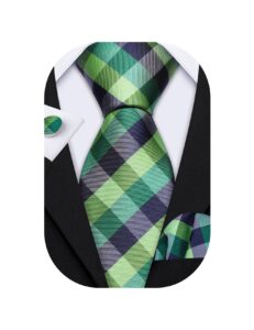 barry.wang plaid ties check mens necktie set with handkerchief cufflinks classic stripe green grey