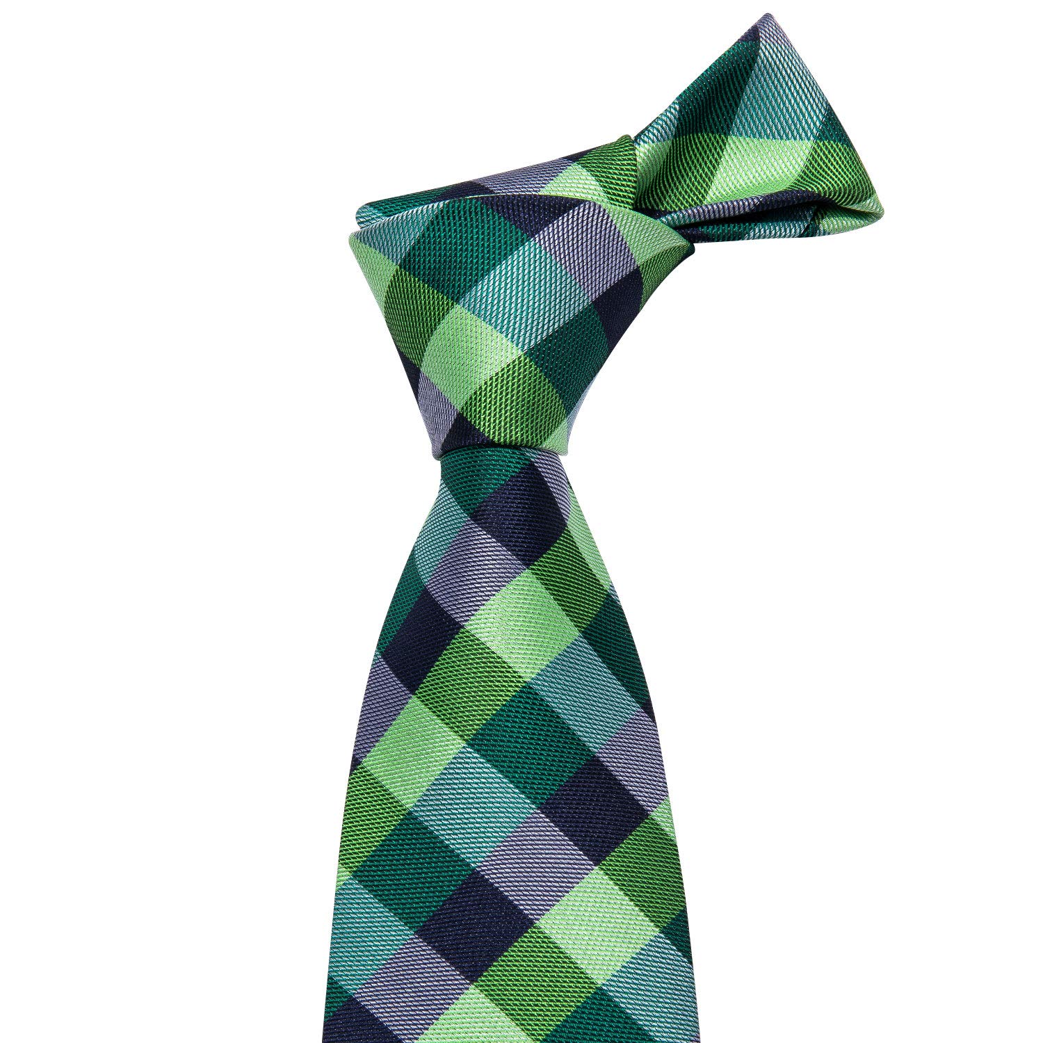 Barry.Wang Plaid Ties Check Mens Necktie Set with Handkerchief Cufflinks Classic Stripe Green Grey