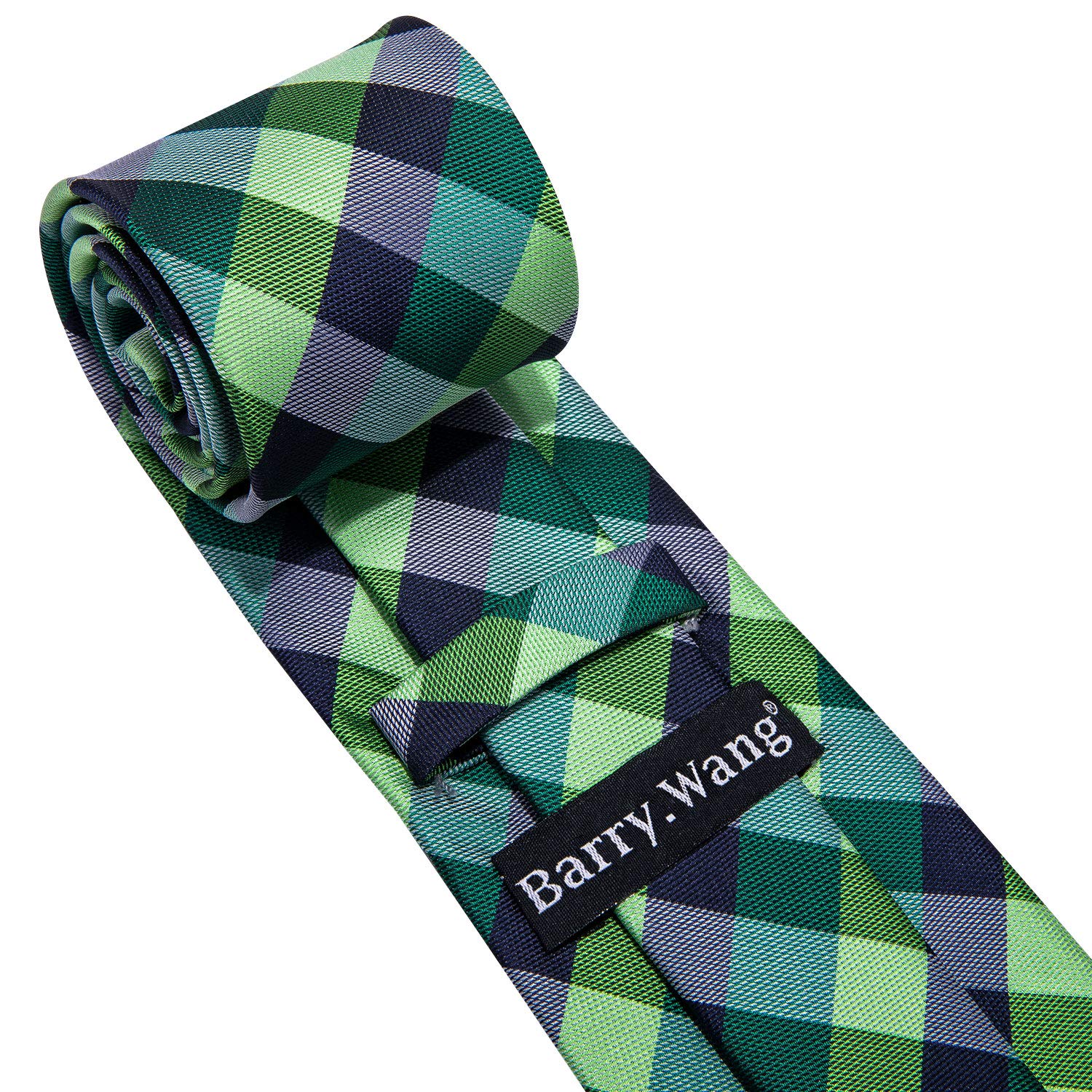 Barry.Wang Plaid Ties Check Mens Necktie Set with Handkerchief Cufflinks Classic Stripe Green Grey