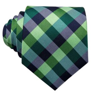 Barry.Wang Plaid Ties Check Mens Necktie Set with Handkerchief Cufflinks Classic Stripe Green Grey