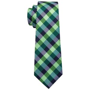 Barry.Wang Plaid Ties Check Mens Necktie Set with Handkerchief Cufflinks Classic Stripe Green Grey