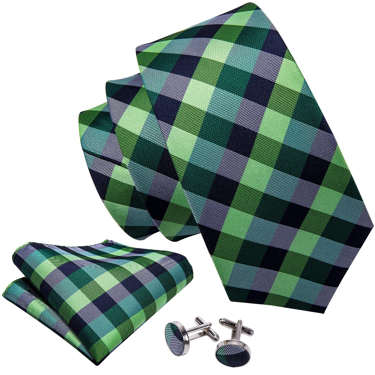 Barry.Wang Plaid Ties Check Mens Necktie Set with Handkerchief Cufflinks Classic Stripe Green Grey