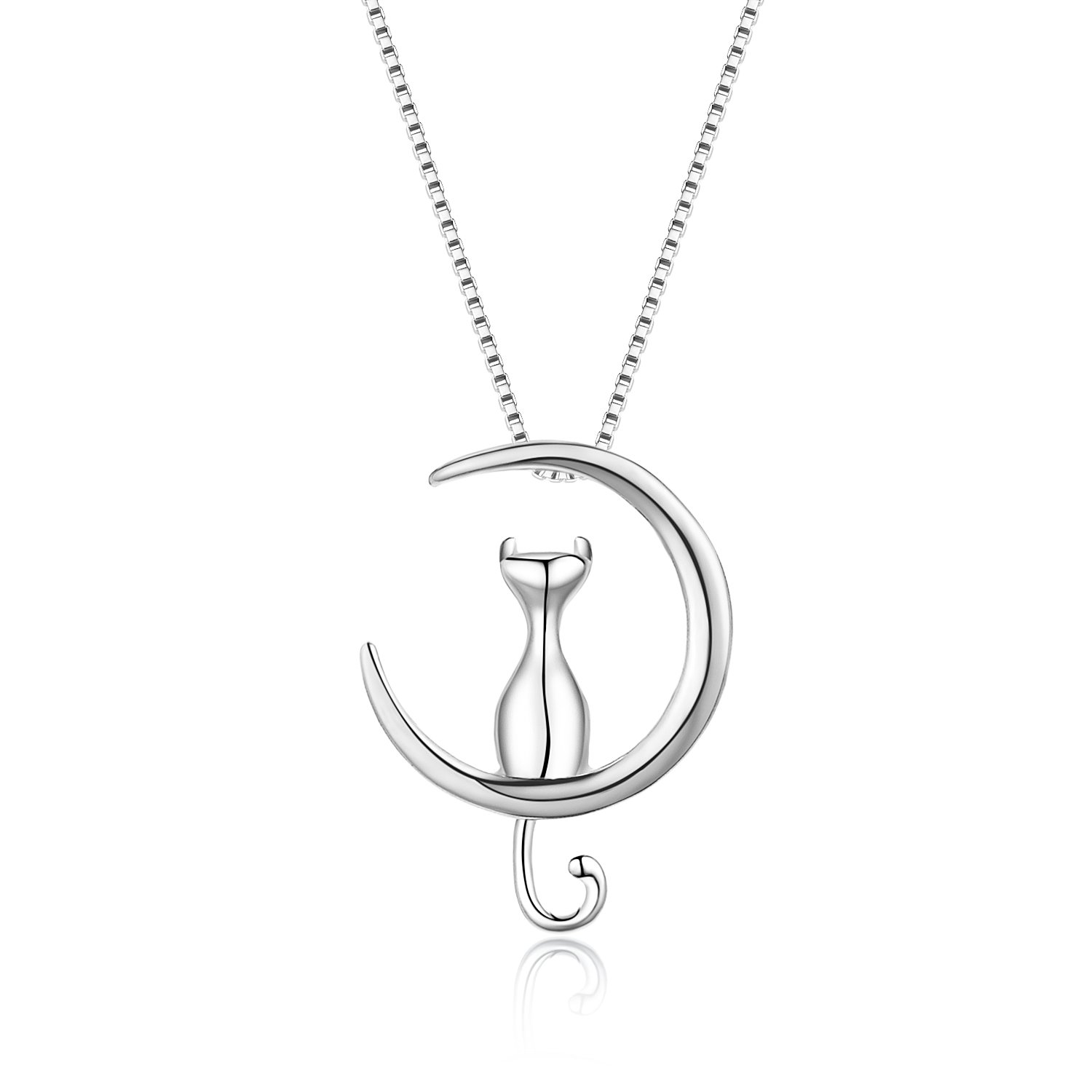 WRISTCHIE Sterling Silver Jewelry Cat On Moon Pendant Necklace 18" (Silver)