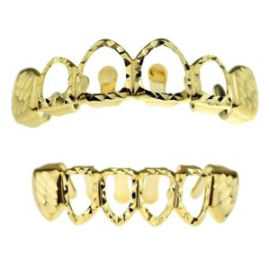 diamond-cut grillz set 14k gold plated 4 open face top & bottom teeth hip hop grills