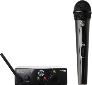 akg pro audio wms40mini vocal set band us25c wireless microphone system, with sr40 receiver and pt40 mini pocket transmitter, black