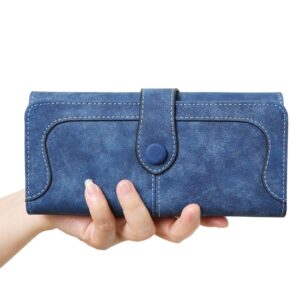 Cynure Women's Vegan Leather 17 Card Slots Card Holder Long Big Bifold Wallet,Navy