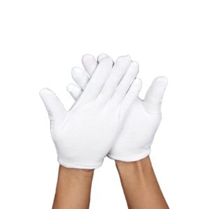 q4 white cotton gloves; lint free. marching gloves for bands, formal wear or eczema. soft archival gloves for jewelry or photo handling. uni size pair.