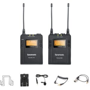 saramonic uwmic9 96-channel digital uhf wireless lavalier microphone system, includes rx9 portable receiver, tx9 bodypack transmitter