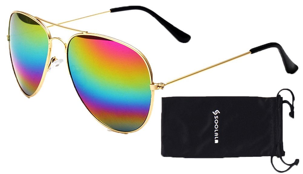 SOOLALA 2 Pairs Womens Classic Thin Metal Rainbow Mirrored Lens Aviator Sunglasses