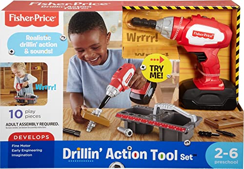 Fisher-Price Preschool Toy Drillin’ Action Tool Set with Sounds, 10 Pieces for Construction Pretend Play for Kids Ages 3+ Years