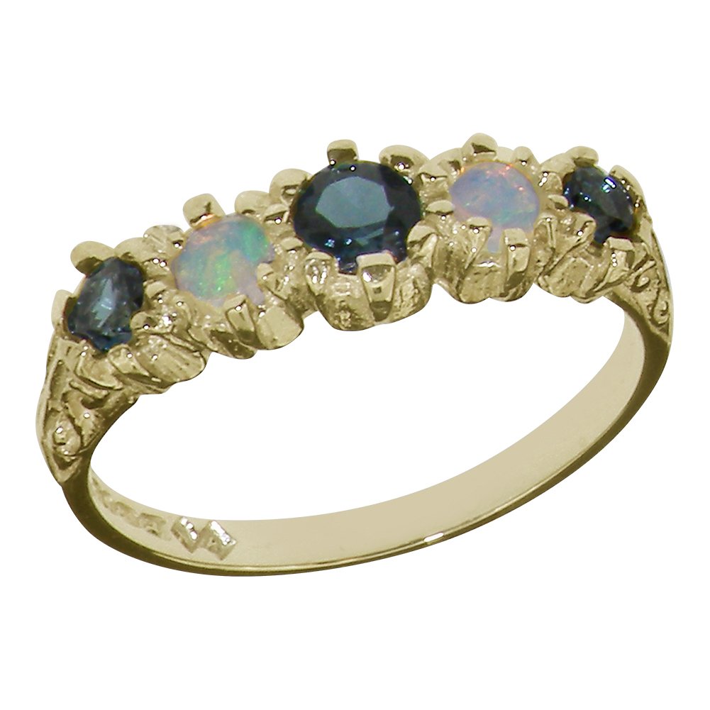 LetsBuyGold 14k Yellow Gold Natural London Blue Topaz & Opal Womens Band Ring - Sizes 4 to 12 Available