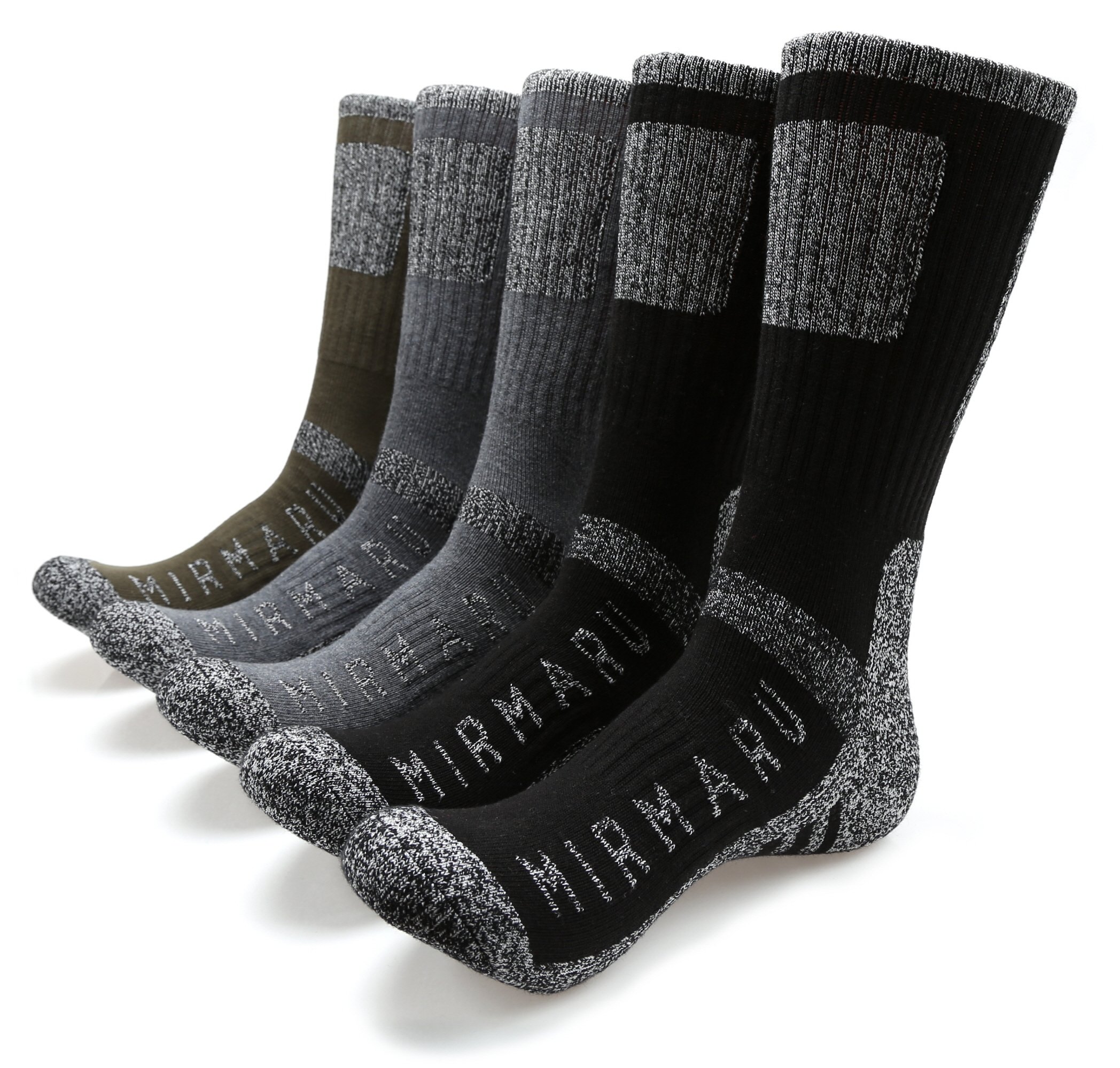 MIRMARU M201-Men's 5 Pairs Multi Performance Outdoor Sports Hiking Trekking Crew Socks (2Black, 2Char, 1Olive)