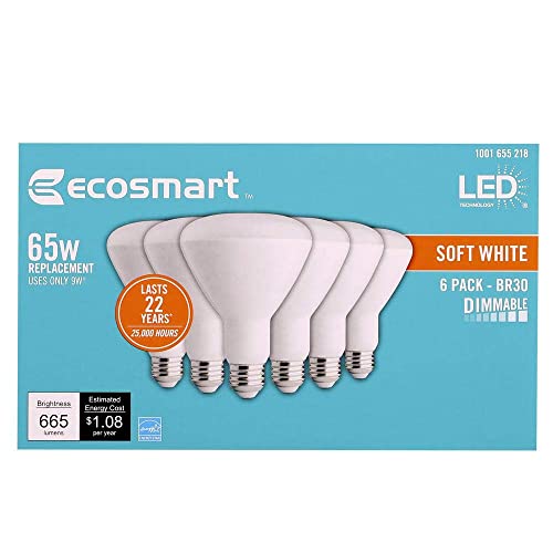 EcoSmart 65W / 65 Watt Replacement (10.5W) LED BR30 Dimmable Soft White (2700K) Medium Base (E26) Energy Star Rated Reflector Lamp for Recessed Can Lights, 6 Pack