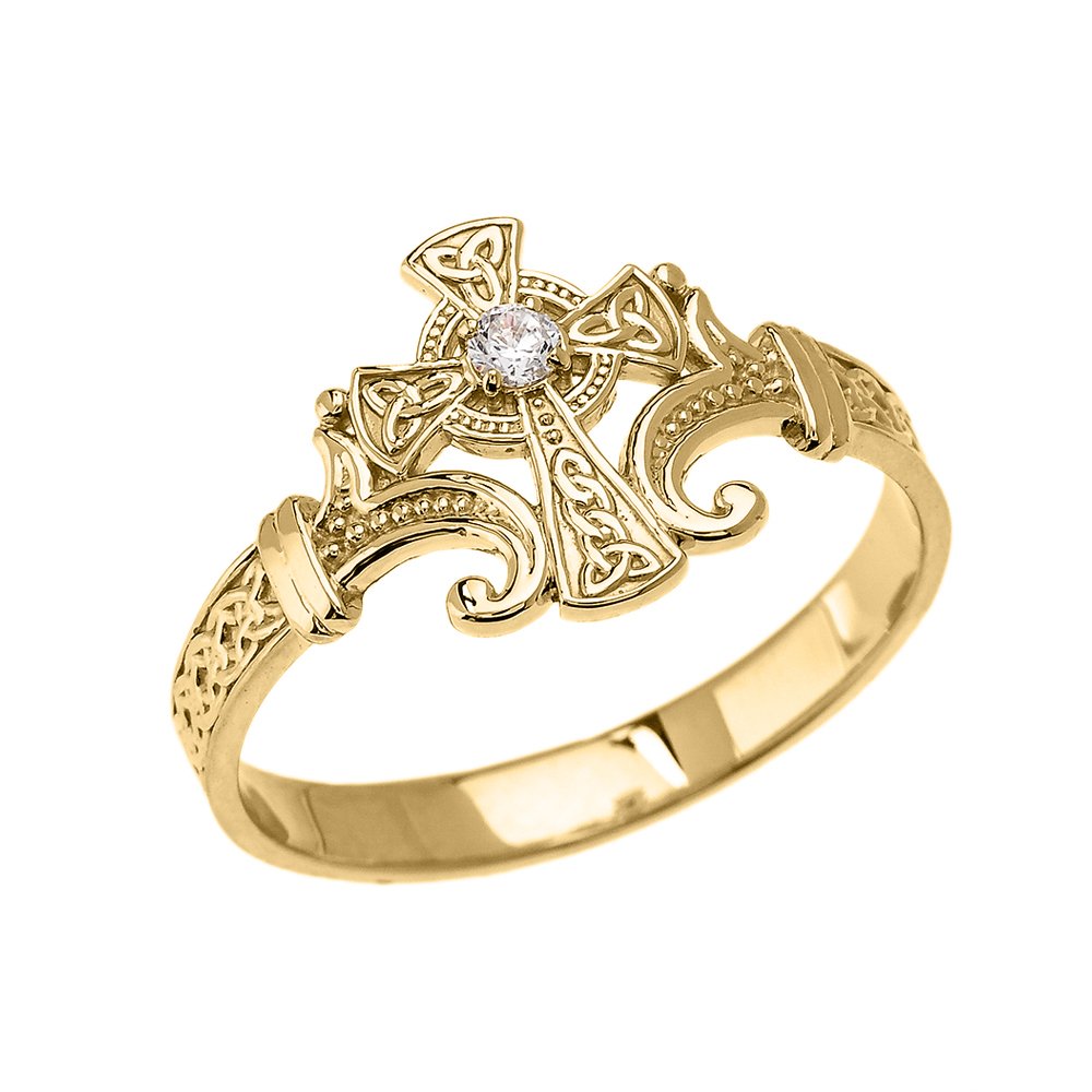 Religious Jewelry 10k Yellow Gold Solitaire Diamond Celtic Cross with Trinity Knot Design Elegant Ring (Size 10)