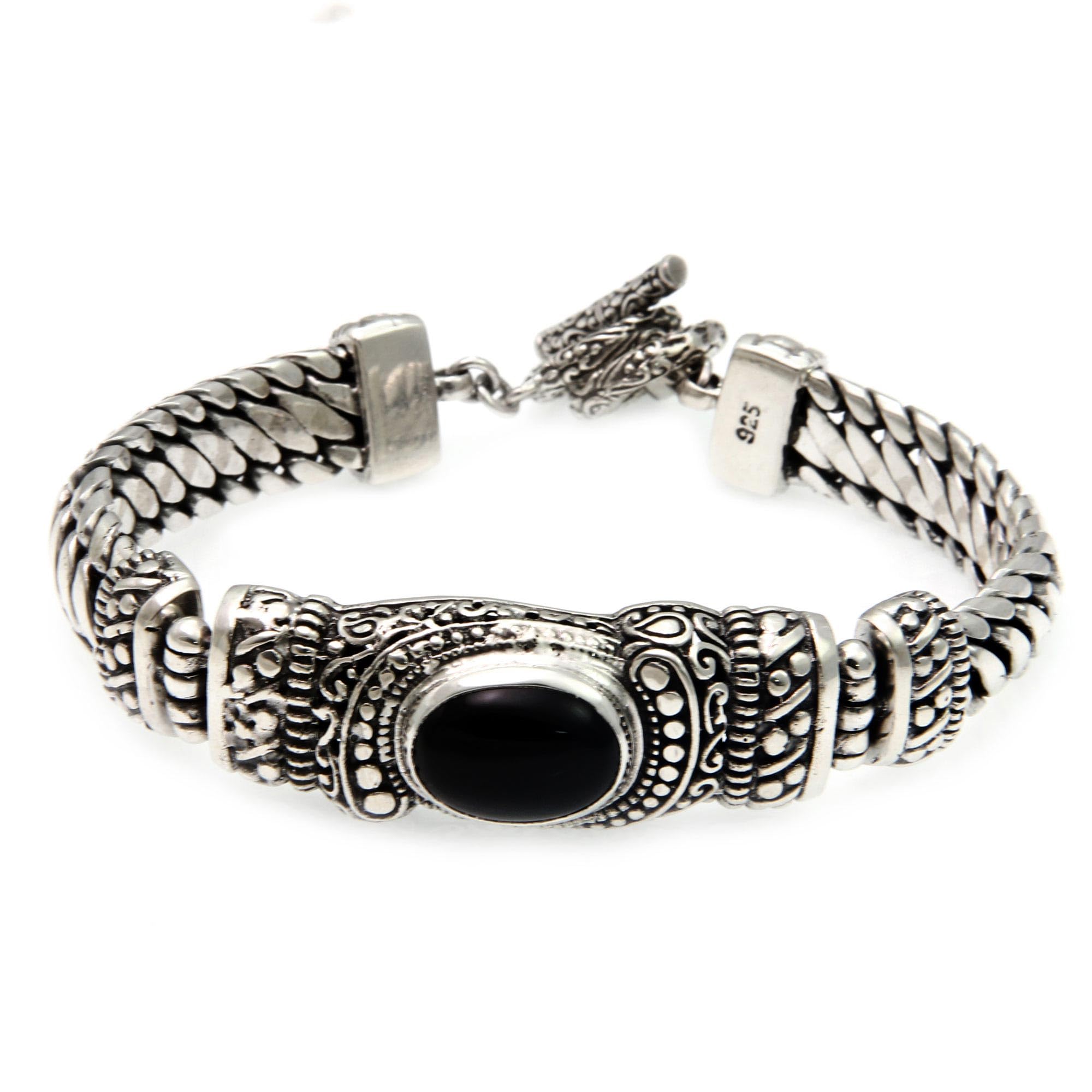 NOVICA Artisan Handmade Men's Onyx Bracelet Sterling Silver Red Chain Indonesia Birthstone Balinese Traditional [8.25 in min L x 8.75 in max L x 0.4 in W] ' Royal Bali'