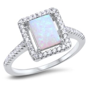 clear cz halo white simulated opal rectangle ring .925 sterling silver band size 10