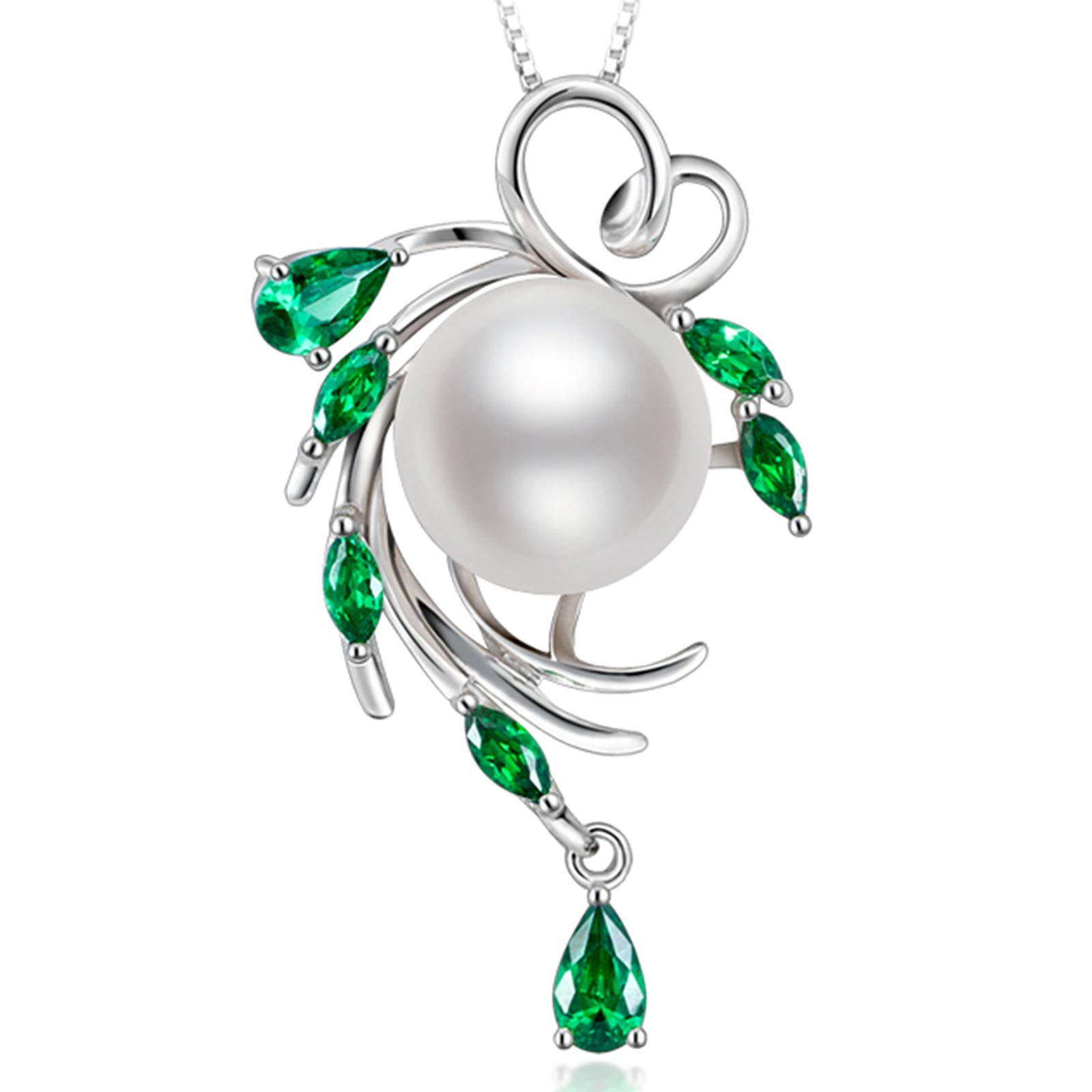 HXZZ Fine Jewelry Gifts for Women 925 Sterling Silver Freshwater Cultured White Pearl Pendant Necklace Green Hope