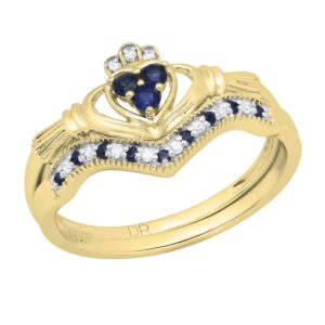 dazzlingrock collection 10k round white diamond & blue sapphire bridal heart shape engagement set, yellow gold, size 9