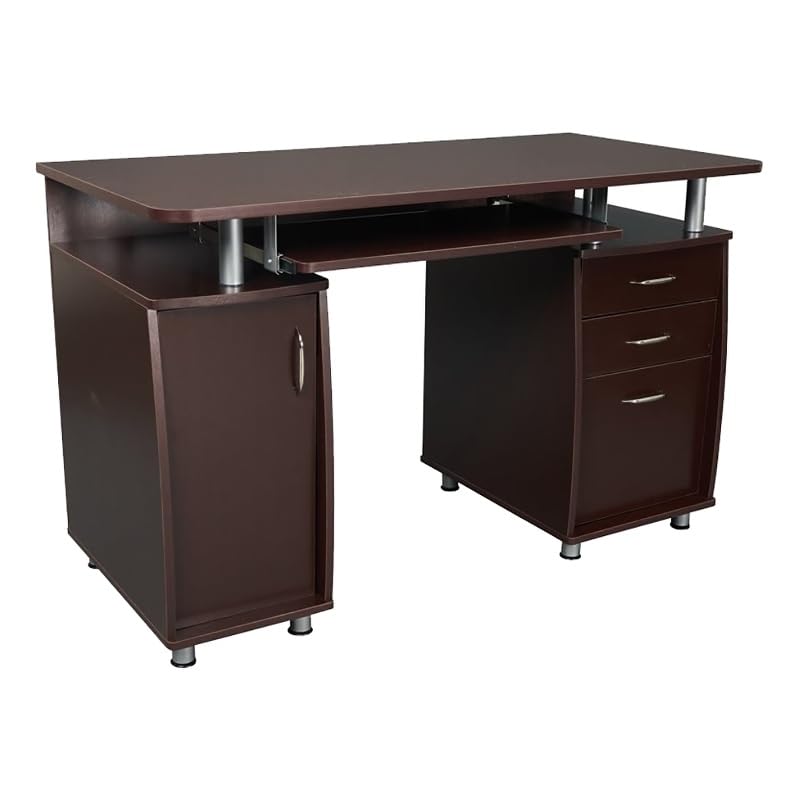 Pemberly Row 48" Wide Home Office Computer Desk in Gray with CPU Storage Cabinet and Hanging File Cabinet, Brown