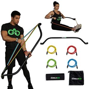 original gorilla bow portable home gym resistance bands and bar system for travel, fitness, weightlifting and exercise kit, full body workout equipment set (original bow, black, base bundle)