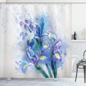 ambesonne watercolor flower shower curtain, floral background irises in fresh colors nature earth, cloth fabric bathroom decor set with hooks, 69" w x 70" l, lilac teal ecru