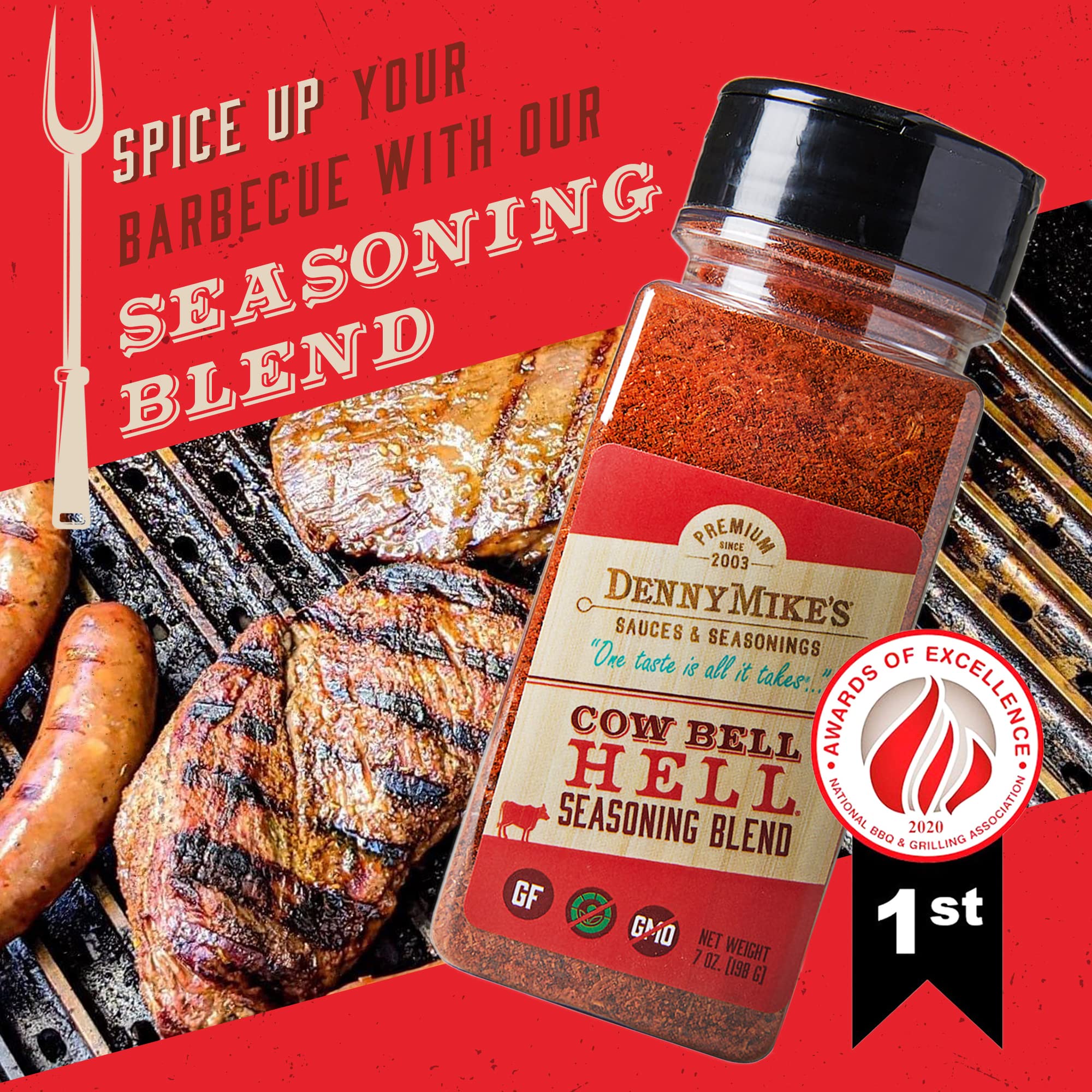 Premium Barbeque Rub Meat Seasoning Mix | Award Winning Dry Rub For BBQ Smoking Grilling Gluten-Free Grilling | Spice Smoke Seasoning- DennyMike's Cow Bell Hell - 7oz Shaker Pack