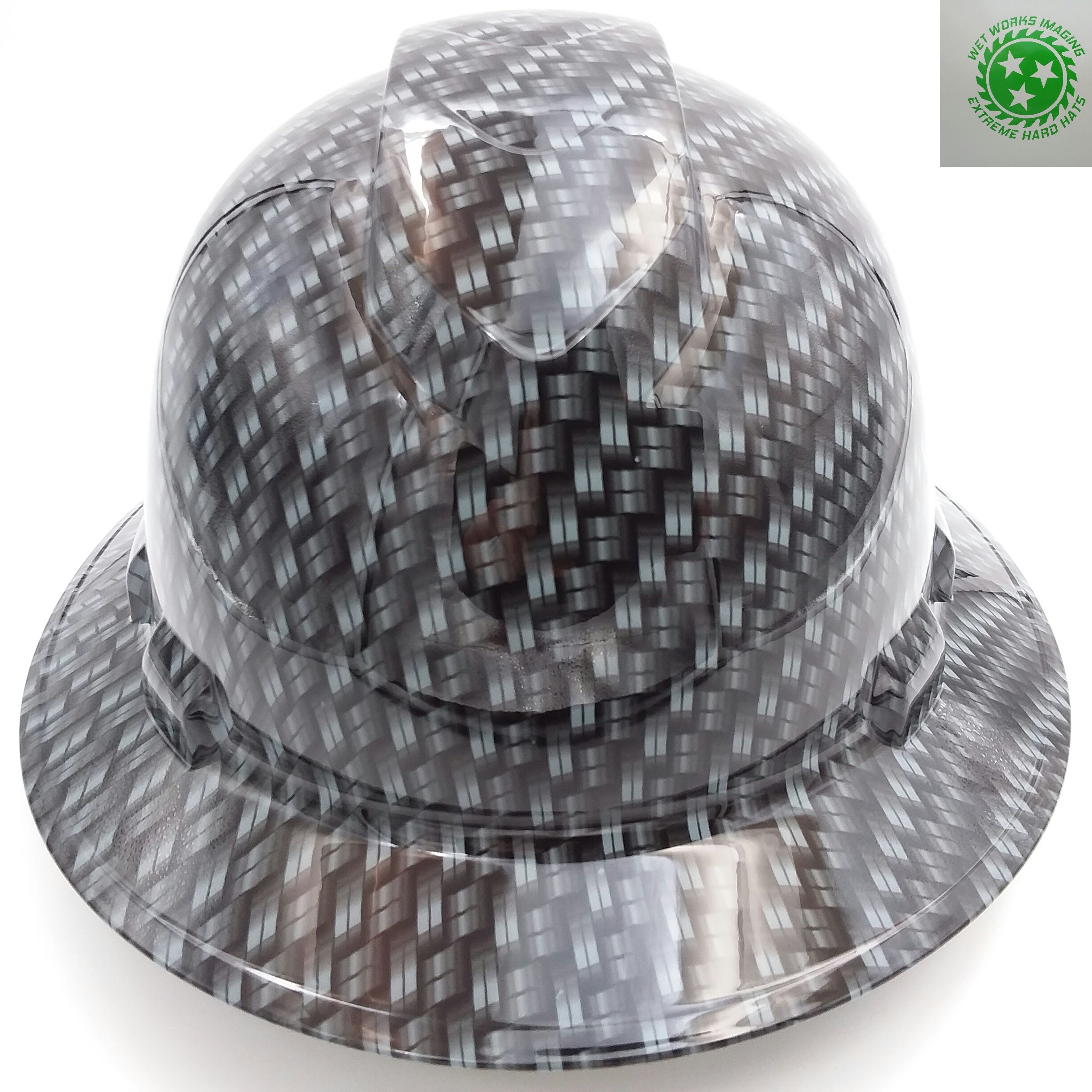 Wet Works Imaging Customized Pyramex Full Brim Metal Weave Carbon Fiber Hard Hat with Ratcheting Suspension