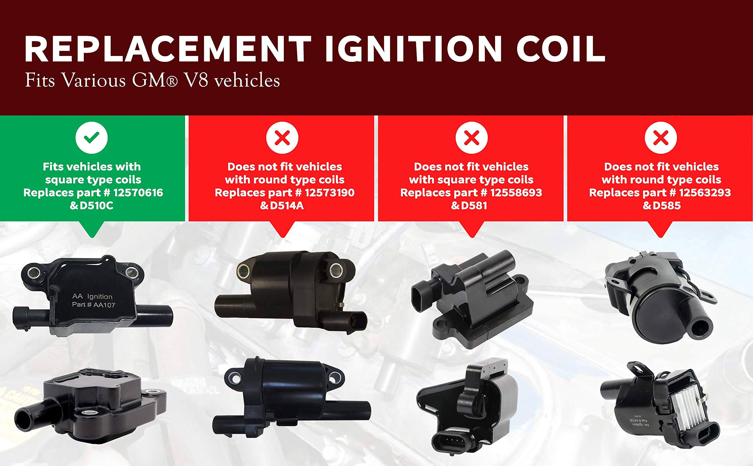 Ignition Coil Pack - Replaces 12570616, D510C - Compatible with Chevrolet, GMC, Cadillac 5.3L, 6.0L V8 & More - G8, Grand Prix, H3, Tahoe, Yukon, Silverado, Impala, Envoy, Trailblazer