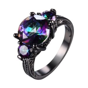 black engagement rings for women, 14k black gold goth rings 3 stone rings, mystic topaz tourmaline wedding rings for women size 5 6 7 8 9 10