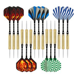 wolftop 15 pack steel tip darts 18 grams, professional darts metal tip set with aluminum shafts, standard flights, rubber o'rings and extra dart sharpener