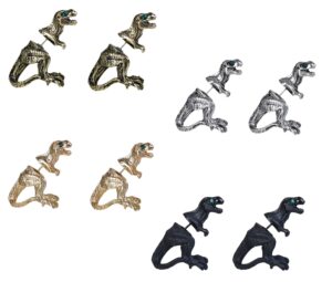 jgfinds dinosaur 3d earrings, t-rex - 4 sets, bronze, silver tone, gold tone, black, 1 1/2" length, tyrannosaurus rex earrings with rhinestone eyes, cute animal trex dino