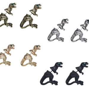 JGFinds Dinosaur 3D Earrings, T-Rex - 4 Sets, Bronze, Silver Tone, Gold Tone, Black, 1 1/2" length, Tyrannosaurus Rex Earrings With Rhinestone Eyes, Cute Animal Trex Dino