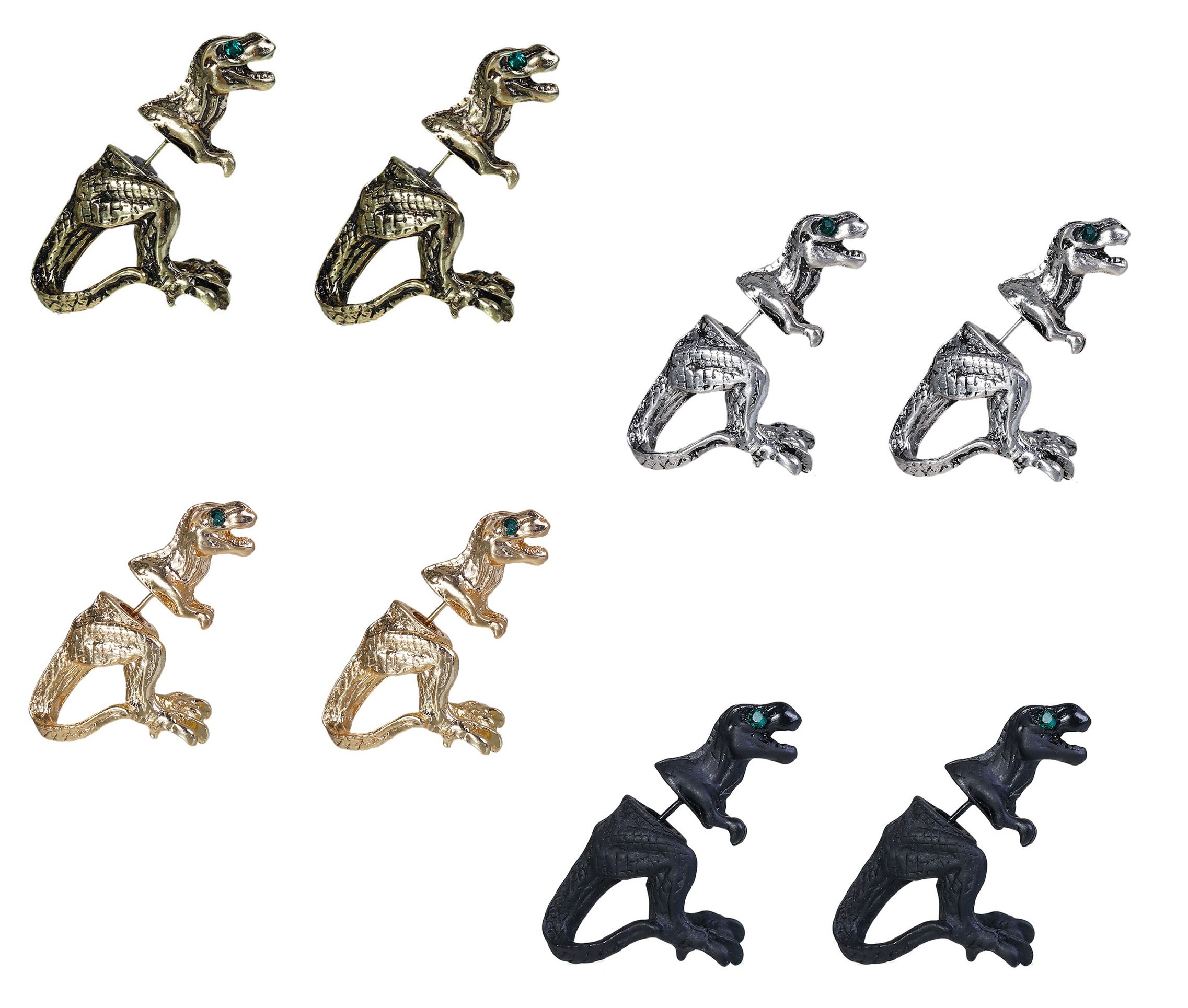 JGFinds Dinosaur 3D Earrings, T-Rex - 4 Sets, Bronze, Silver Tone, Gold Tone, Black, 1 1/2" length, Tyrannosaurus Rex Earrings With Rhinestone Eyes, Cute Animal Trex Dino