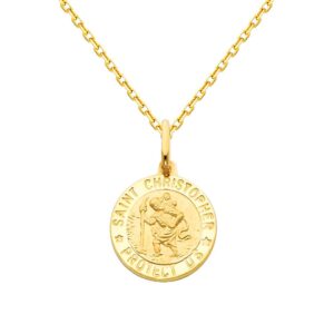 the world jewelry center 14k real yellow gold religious saint christopher medal pendant with 1.2mm cable chain necklace - 22"