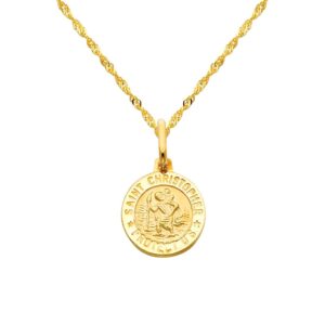 the world jewelry center 14k real yellow gold religious saint christopher medal pendant with 1.2mm singapore chain necklace - 24"