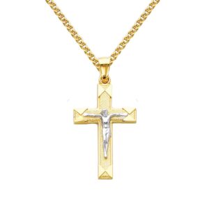 the world jewelry center 14k real two tone gold jesus cross religious pendant with 1.5mm flat open wheat chain necklace - 24"