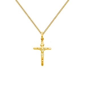 the world jewelry center 14k real yellow gold crucifix cross pendant with 1.5mm flat open wheat chain necklace - 24"