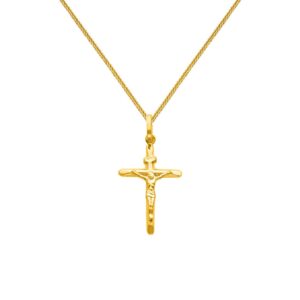 the world jewelry center 14k real yellow gold crucifix cross pendant with 0.8mm braided square wheat chain necklace - 24"