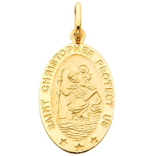 The World Jewelry Center 14k REAL Yellow Gold Religious Saint Christopher Medal Pendant with 1.5mm Flat Open Wheat Chain Necklace - 24"