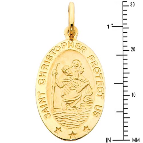 The World Jewelry Center 14k REAL Yellow Gold Religious Saint Christopher Medal Pendant with 1.5mm Flat Open Wheat Chain Necklace - 24"