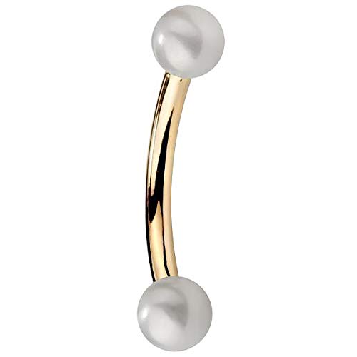 Chinese Freshwater Cultured Pearl 14K Yellow Gold Curved Bent Barbell Cartilage Tragus Rook Earring Eyebrow Ring 16G 3/8"