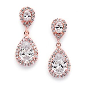 mariell rose gold cubic zirconia crystal teardrop dangle bridal and wedding earrings, cz jewelry for brides, bridesmaids, homecoming, prom and dressy everyday wear