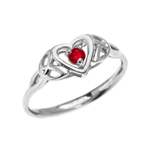 modern contemporary rings dainty 14k white gold trinity knot heart solitaire ruby engagement and proposal ring (size 4.5)