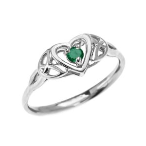 modern contemporary rings dainty 10k white gold trinity knot heart solitaire emerald engagement and proposal ring (size 9.25)