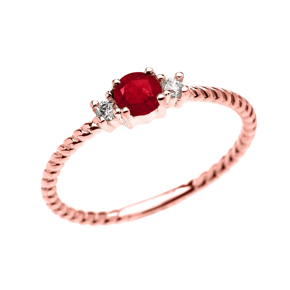 14k Rose Gold Dainty Solitaire Ruby and White Topaz Rope Design Stackable/Proposal Ring(Size 6)